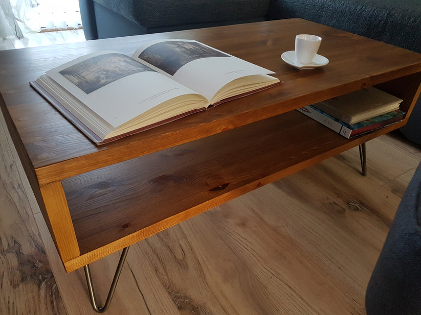 Solid Wood Low Table with Storage & Hairpin Legs | Handmade Coffee Sid ...